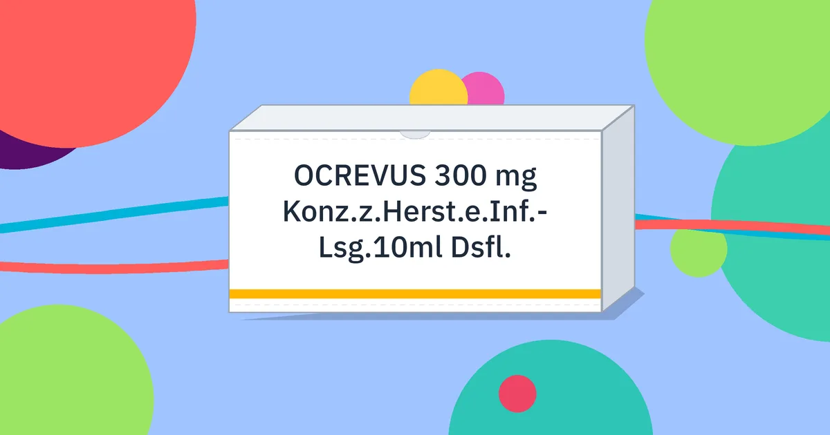 Symbolbild: Packung mit der Aufschrift OCREVUS 300 mg Konz.z.Herst.e.Inf.-Lsg.10ml Dsfl. (PZN 19482220) – Verfügbarkeit und Bezug in Apotheken in Frankfurt am Main