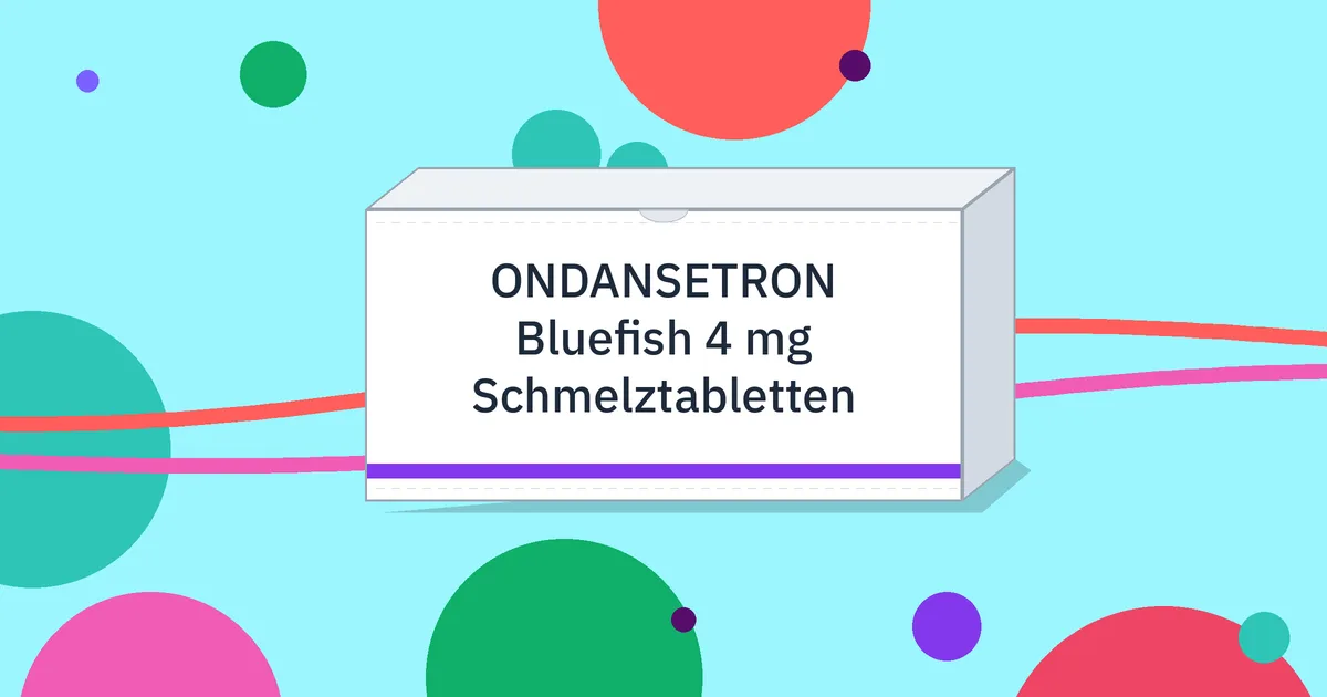 Symbolbild: Packung mit der Aufschrift ONDANSETRON Bluefish 4 mg Schmelztabletten (PZN 05116167) – Verfügbarkeit und Bezug in Apotheken in Frankfurt am Main