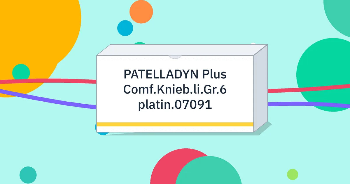 Symbolbild: Packung mit der Aufschrift PATELLADYN Plus Comf.Knieb.li.Gr.6 platin.07091 (PZN 18904564) – Verfügbarkeit und Bezug in Apotheken in Frankfurt am Main
