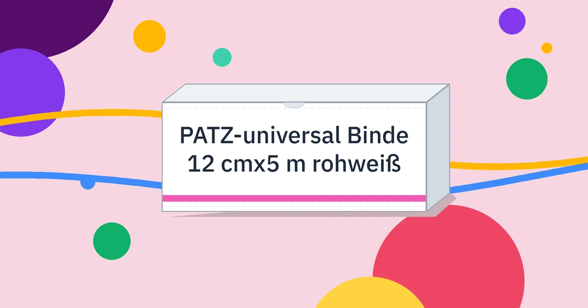 Symbolbild: Packung mit der Aufschrift PATZ-universal Binde 12 cmx5 m rohweiß (PZN 06813796) – Verfügbarkeit und Bezug in Apotheken in Frankfurt am Main