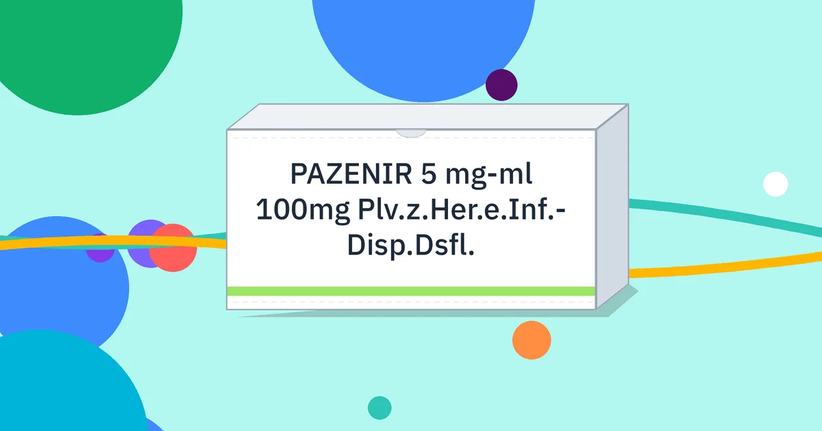 Symbolbild: Packung mit der Aufschrift PAZENIR 5 mg-ml 100mg Plv.z.Her.e.Inf.-Disp.Dsfl. (PZN 17507909) – Verfügbarkeit und Bezug in Apotheken in Frankfurt am Main