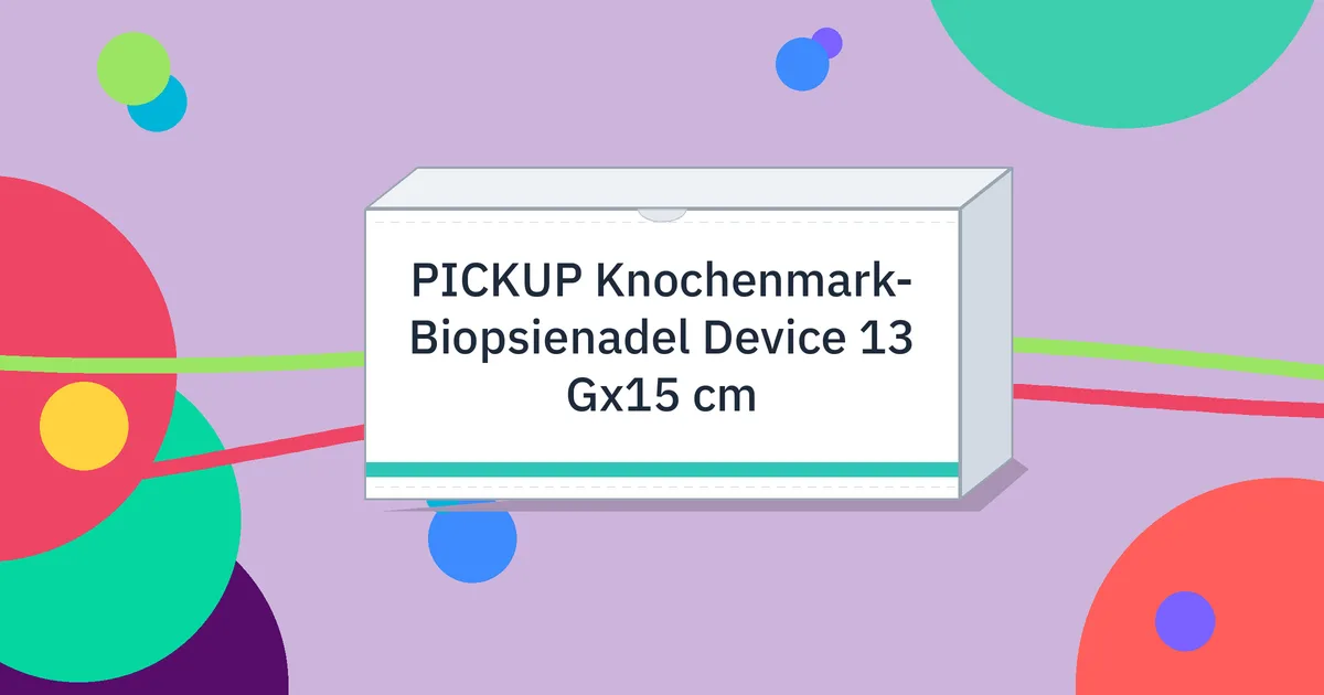 Symbolbild: Packung mit der Aufschrift PICKUP Knochenmark-Biopsienadel Device 13 Gx15 cm (PZN 16946854) – Verfügbarkeit und Bezug in Apotheken in Frankfurt am Main