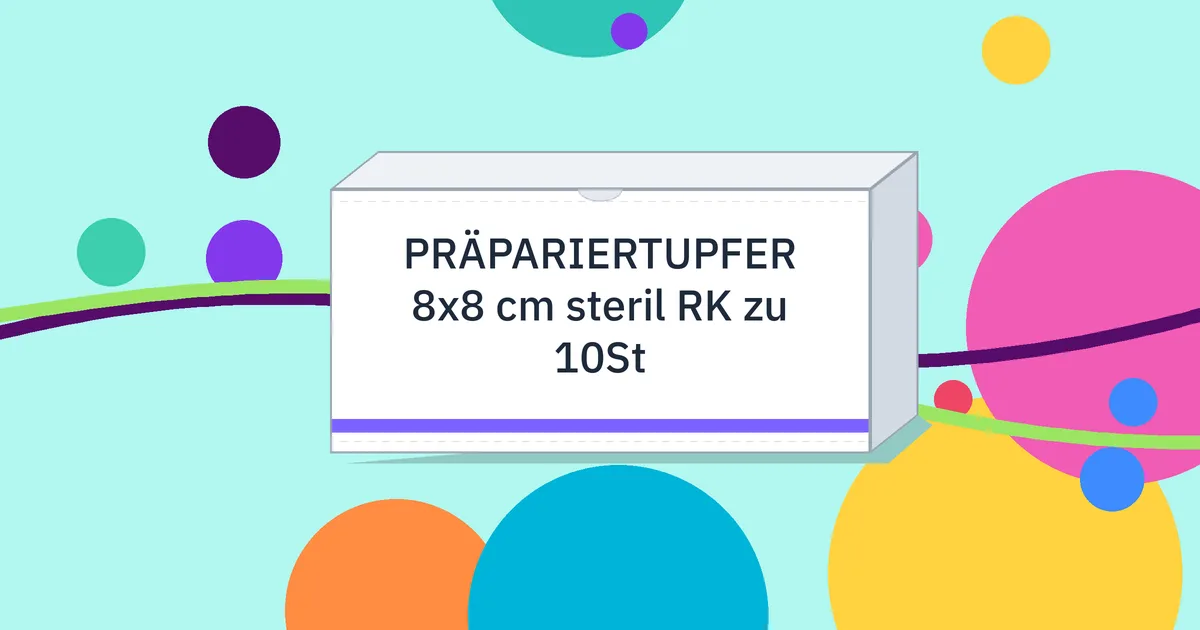 Symbolbild: Packung mit der Aufschrift PRÄPARIERTUPFER 8x8 cm steril RK zu 10St (PZN 13165754) – Verfügbarkeit und Bezug in Apotheken in Frankfurt am Main
