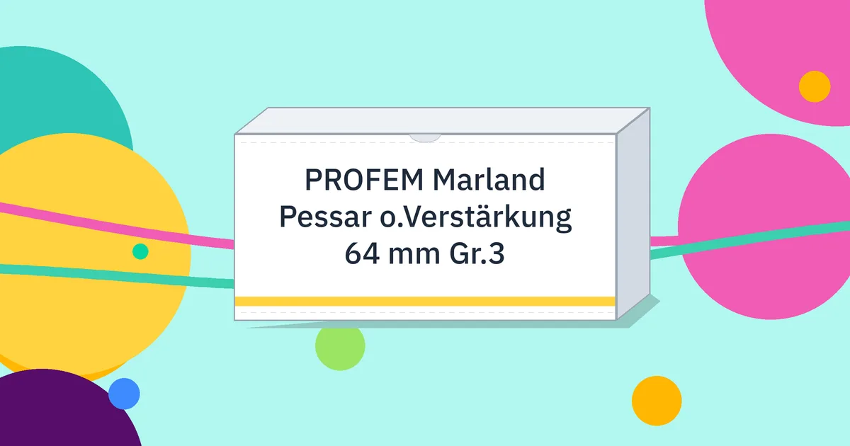 Symbolbild: Packung mit der Aufschrift PROFEM Marland Pessar o.Verstärkung 64 mm Gr.3 (PZN 11671890) – Verfügbarkeit und Bezug in Apotheken in Frankfurt am Main