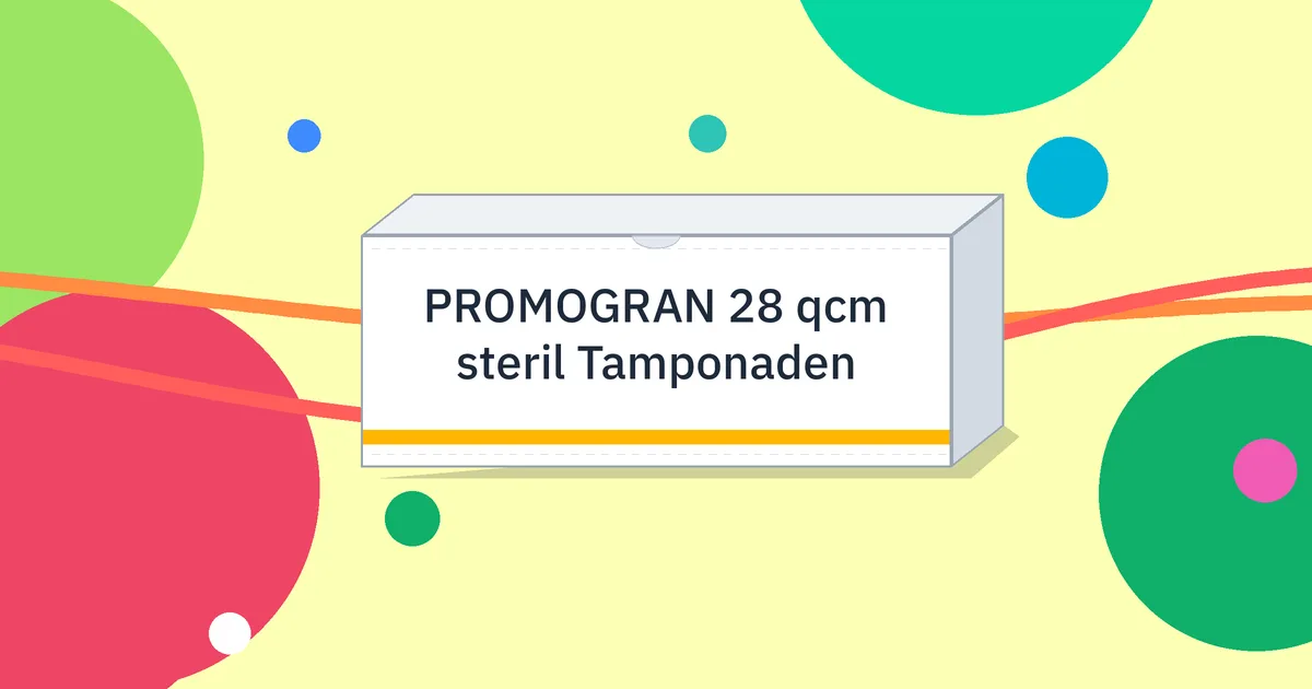 Symbolbild: Packung mit der Aufschrift PROMOGRAN 28 qcm steril Tamponaden (PZN 01532354) – Verfügbarkeit und Bezug in Apotheken in Frankfurt am Main