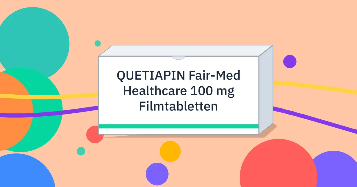 Symbolbild: Packung mit der Aufschrift QUETIAPIN Fair-Med Healthcare 100 mg Filmtabletten (PZN 12494510) – Verfügbarkeit und Bezug in Apotheken in Frankfurt am Main