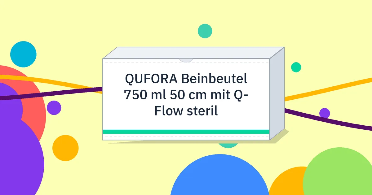 Symbolbild: Packung mit der Aufschrift QUFORA Beinbeutel 750 ml 50 cm mit Q-Flow steril (PZN 09223291) – Verfügbarkeit und Bezug in Apotheken in Frankfurt am Main