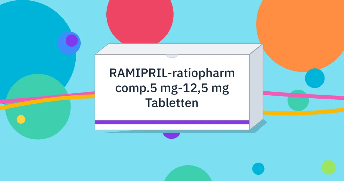 Symbolbild: Packung mit der Aufschrift RAMIPRIL-ratiopharm comp.5 mg-12,5 mg Tabletten (PZN 08866816) – Verfügbarkeit und Bezug in Apotheken in Frankfurt am Main