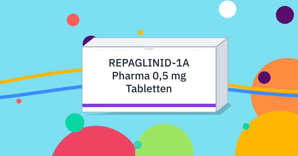 Symbolbild: Packung mit der Aufschrift REPAGLINID-1A Pharma 0,5 mg Tabletten (PZN 09121165) – Verfügbarkeit und Bezug in Apotheken in Frankfurt am Main