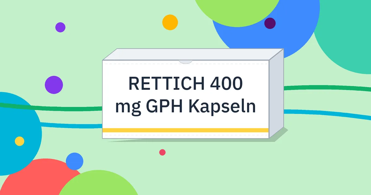 Symbolbild: Packung mit der Aufschrift RETTICH 400 mg GPH Kapseln (PZN 00129840) – Verfügbarkeit und Bezug in Apotheken in Frankfurt am Main