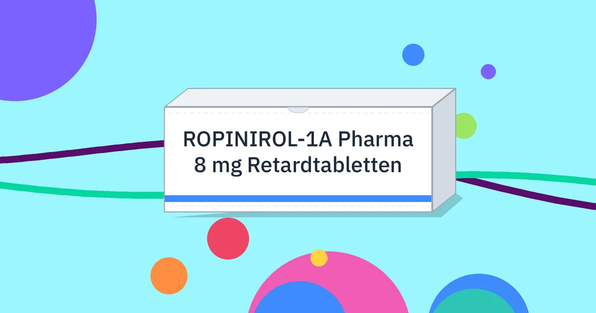 Symbolbild: Packung mit der Aufschrift ROPINIROL-1A Pharma 8 mg Retardtabletten (PZN 09080704) – Verfügbarkeit und Bezug in Apotheken in Frankfurt am Main