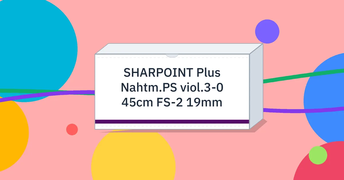 Symbolbild: Packung mit der Aufschrift SHARPOINT Plus Nahtm.PS viol.3-0 45cm FS-2 19mm (PZN 17995381) – Verfügbarkeit und Bezug in Apotheken in Frankfurt am Main