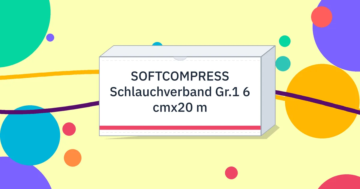 Symbolbild: Packung mit der Aufschrift SOFTCOMPRESS Schlauchverband Gr.1 6 cmx20 m (PZN 13506296) – Verfügbarkeit und Bezug in Apotheken in Frankfurt am Main