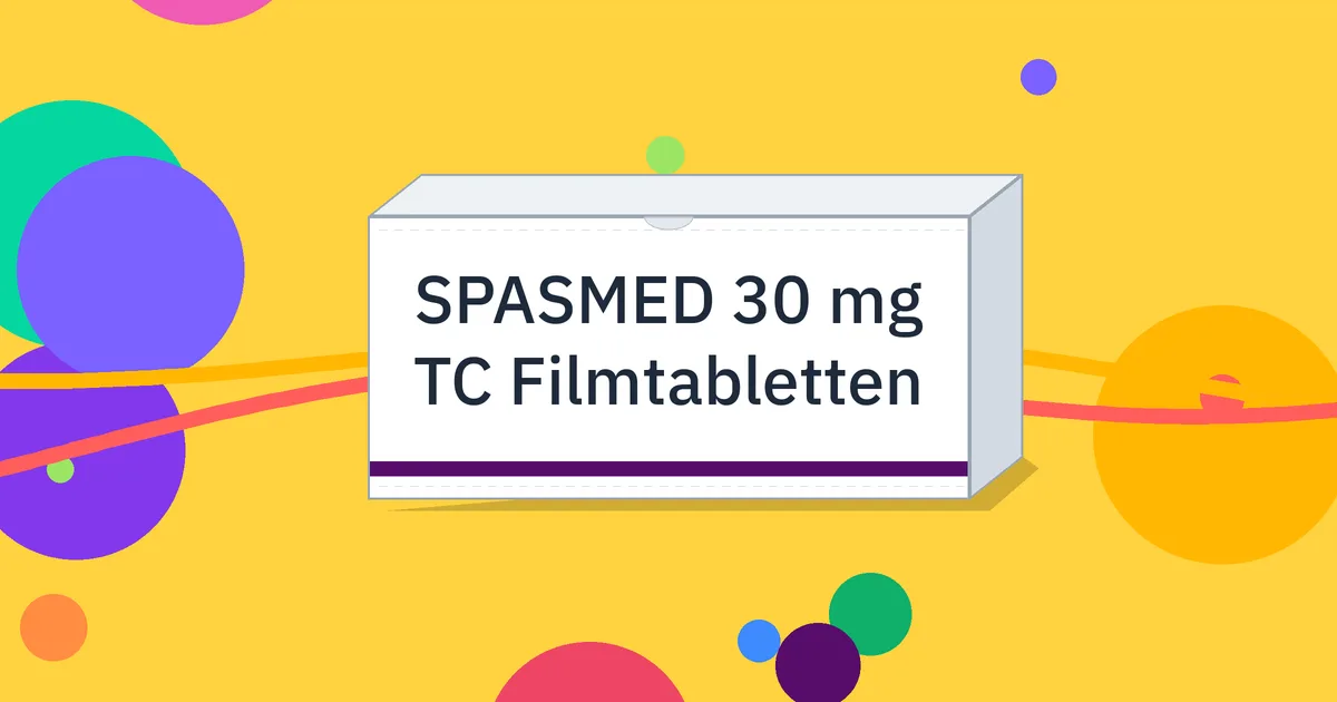Symbolbild: Packung mit der Aufschrift SPASMED 30 mg TC Filmtabletten (PZN 15398238) – Verfügbarkeit und Bezug in Apotheken in Frankfurt am Main