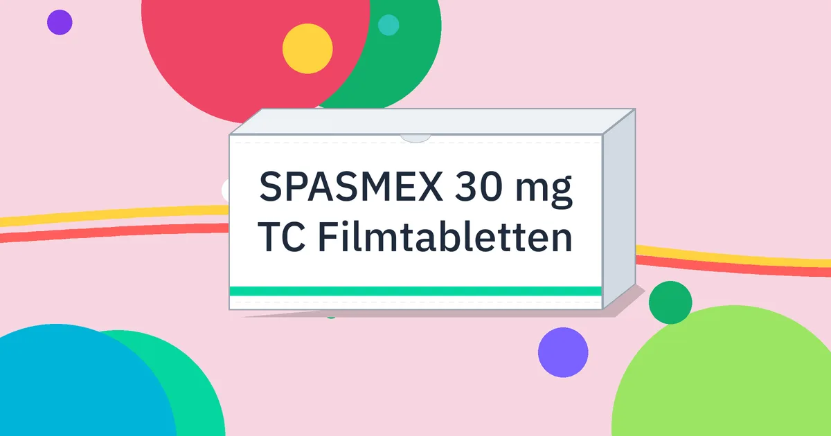 Symbolbild: Packung mit der Aufschrift SPASMEX 30 mg TC Filmtabletten (PZN 00759877) – Verfügbarkeit und Bezug in Apotheken in Frankfurt am Main