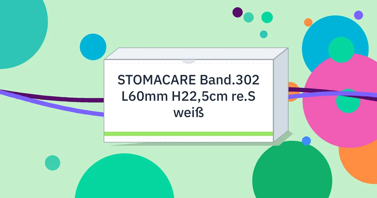 Symbolbild: Packung mit der Aufschrift STOMACARE Band.302 L60mm H22,5cm re.S weiß (PZN 09109141) – Verfügbarkeit und Bezug in Apotheken in Frankfurt am Main