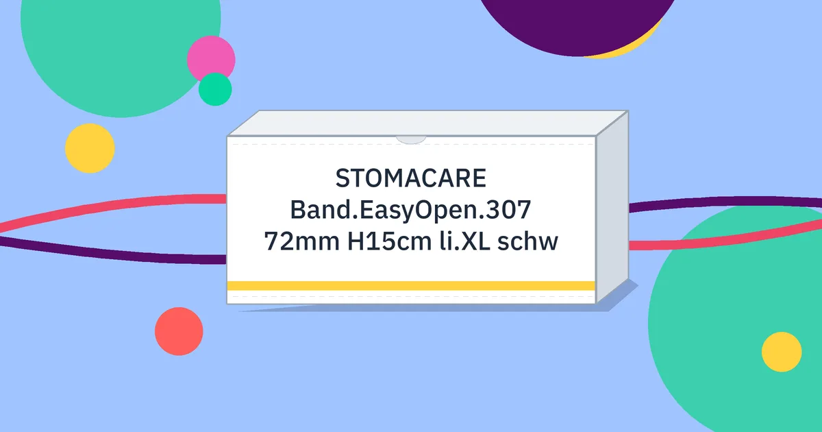 Symbolbild: Packung mit der Aufschrift STOMACARE Band.EasyOpen.307 72mm H15cm li.XL schw (PZN 09437566) – Verfügbarkeit und Bezug in Apotheken in Frankfurt am Main