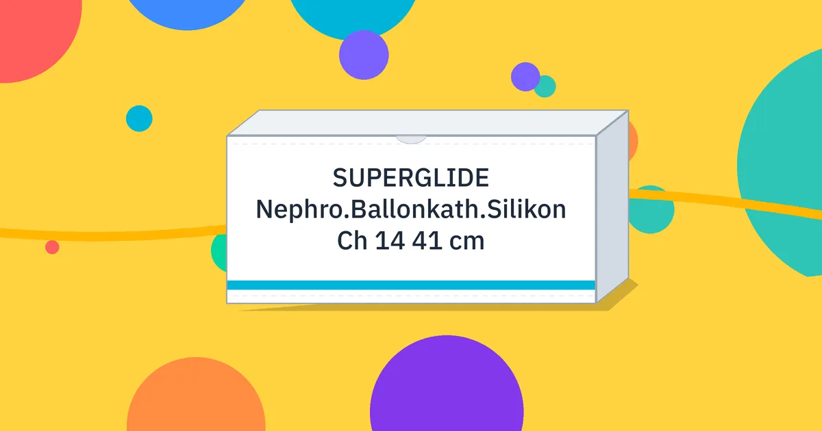 Symbolbild: Packung mit der Aufschrift SUPERGLIDE Nephro.Ballonkath.Silikon Ch 14 41 cm (PZN 05034624) – Verfügbarkeit und Bezug in Apotheken in Frankfurt am Main