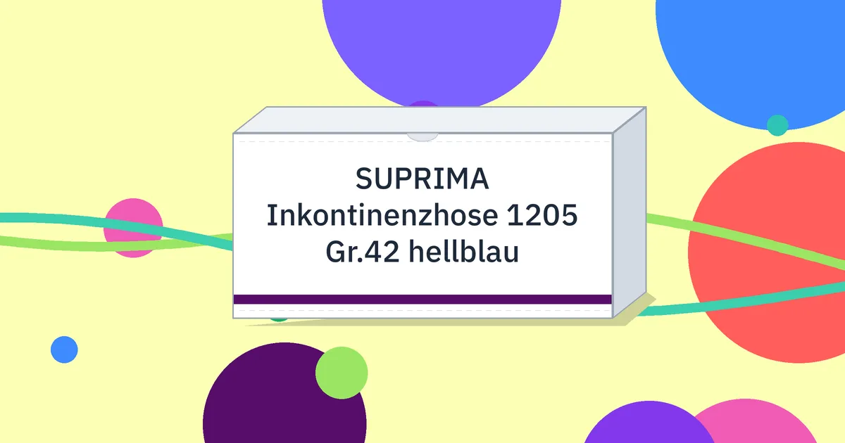 Symbolbild: Packung mit der Aufschrift SUPRIMA Inkontinenzhose 1205 Gr.42 hellblau (PZN 03020397) – Verfügbarkeit und Bezug in Apotheken in Frankfurt am Main