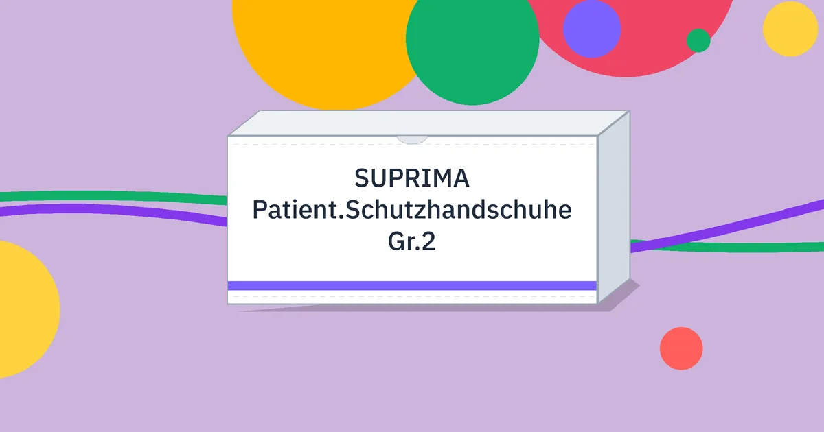 Symbolbild: Packung mit der Aufschrift SUPRIMA Patient.Schutzhandschuhe Gr.2 (PZN 08881951) – Verfügbarkeit und Bezug in Apotheken in Frankfurt am Main