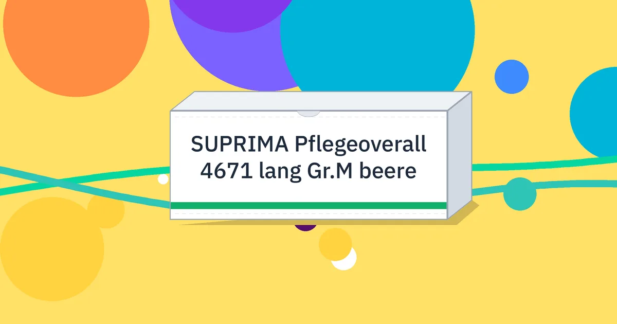 Symbolbild: Packung mit der Aufschrift SUPRIMA Pflegeoverall 4671 lang Gr.M beere (PZN 11660053) – Verfügbarkeit und Bezug in Apotheken in Frankfurt am Main