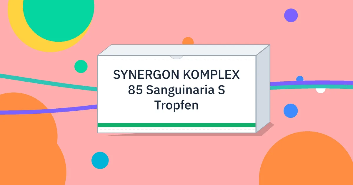 Symbolbild: Packung mit der Aufschrift SYNERGON KOMPLEX 85 Sanguinaria S Tropfen (PZN 19874612) – Verfügbarkeit und Bezug in Apotheken in Frankfurt am Main