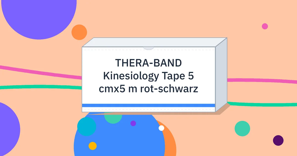 Symbolbild: Packung mit der Aufschrift THERA-BAND Kinesiology Tape 5 cmx5 m rot-schwarz (PZN 15614765) – Verfügbarkeit und Bezug in Apotheken in Frankfurt am Main