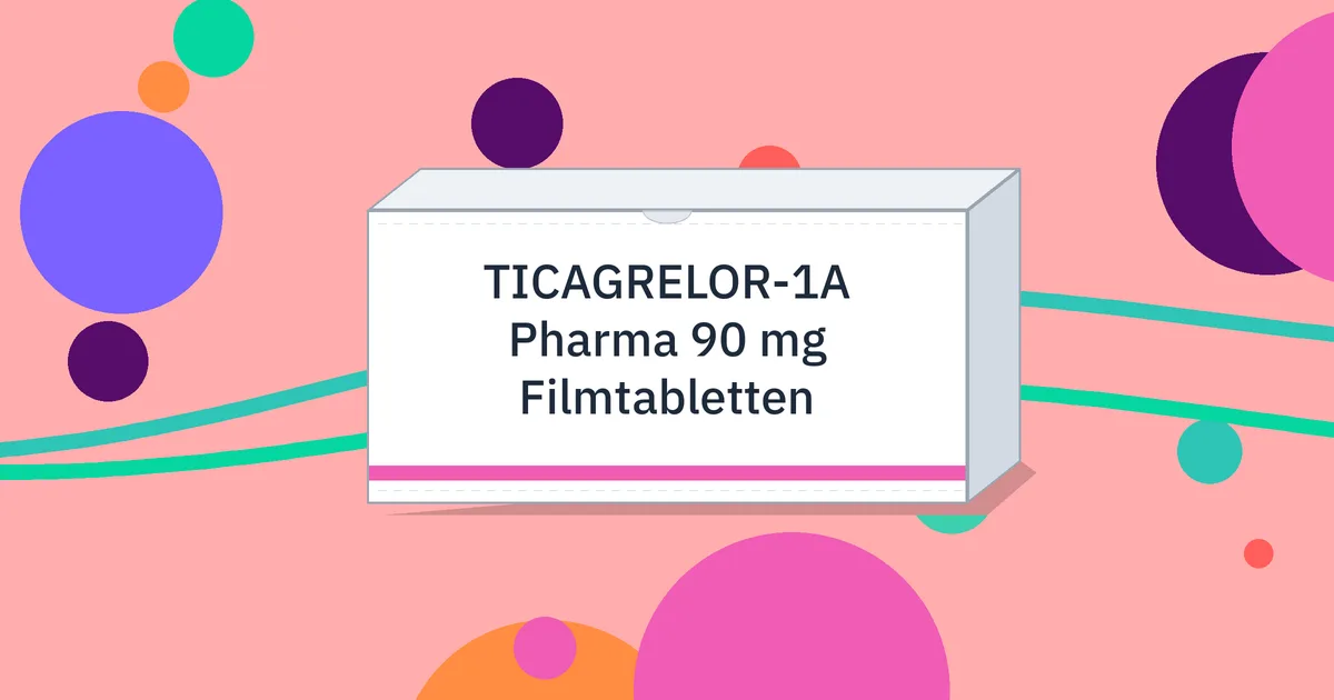 Symbolbild: Packung mit der Aufschrift TICAGRELOR-1A Pharma 90 mg Filmtabletten (PZN 19399275) – Verfügbarkeit und Bezug in Apotheken in Frankfurt am Main