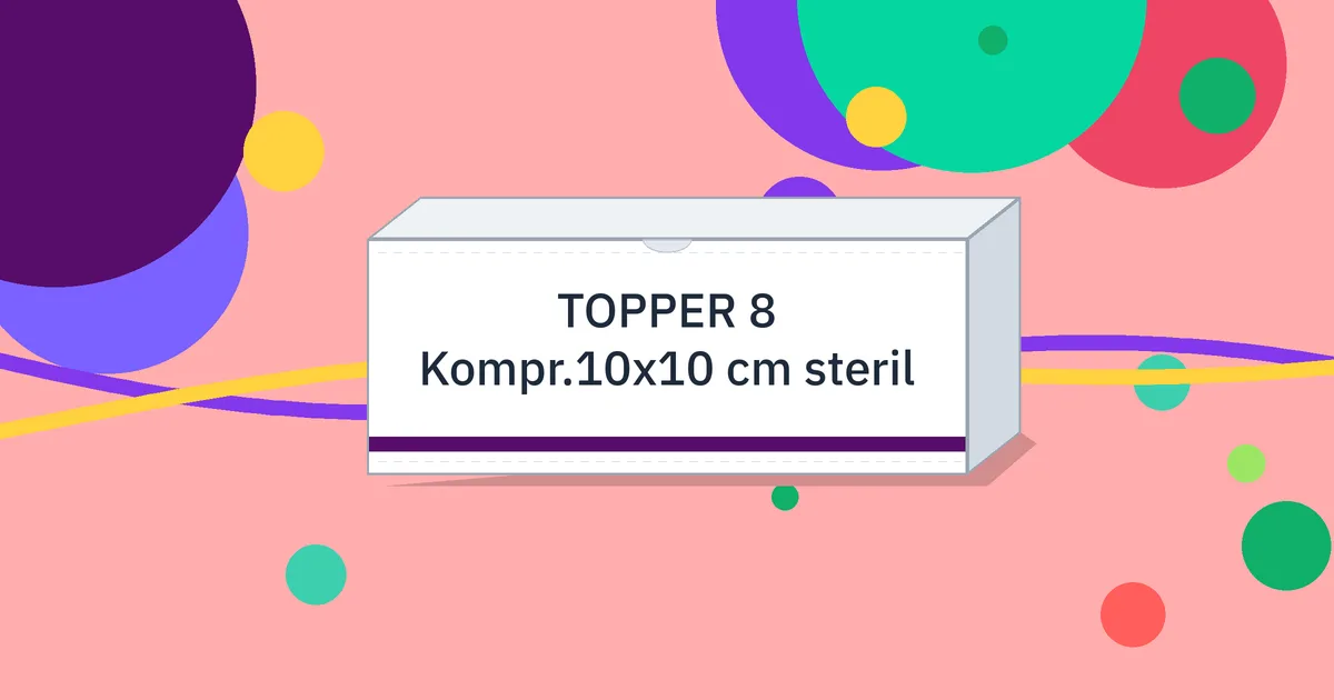 Symbolbild: Packung mit der Aufschrift TOPPER 8 Kompr.10x10 cm steril (PZN 08821251) – Verfügbarkeit und Bezug in Apotheken in Frankfurt am Main