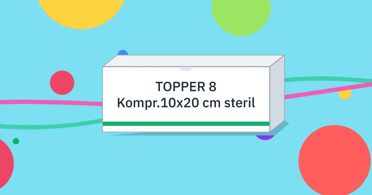 Symbolbild: Packung mit der Aufschrift TOPPER 8 Kompr.10x20 cm steril (PZN 03420375) – Verfügbarkeit und Bezug in Apotheken in Frankfurt am Main