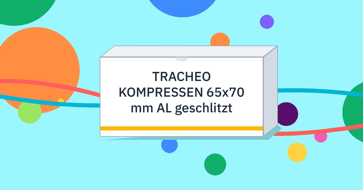 Symbolbild: Packung mit der Aufschrift TRACHEO KOMPRESSEN 65x70 mm AL geschlitzt (PZN 08846771) – Verfügbarkeit und Bezug in Apotheken in Frankfurt am Main