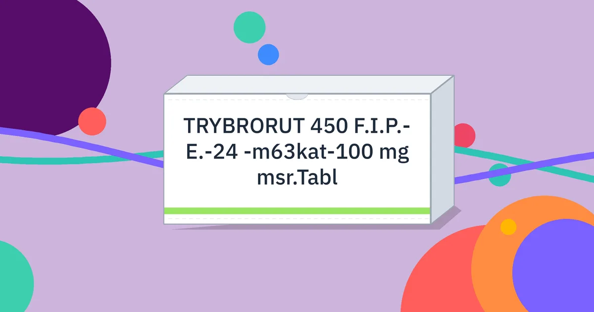 Symbolbild: Packung mit der Aufschrift TRYBRORUT 450 F.I.P.-E.-24 -m63kat-100 mg msr.Tabl (PZN 17521364) – Verfügbarkeit und Bezug in Apotheken in Frankfurt am Main