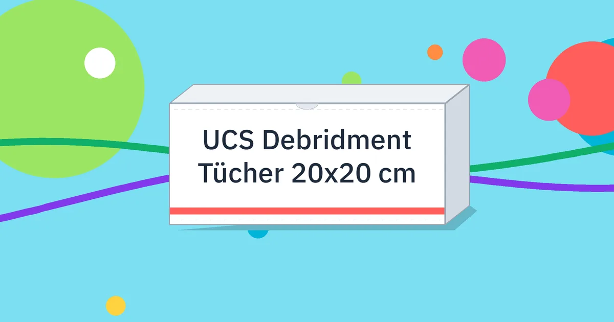 Symbolbild: Packung mit der Aufschrift UCS Debridment Tücher 20x20 cm (PZN 18804012) – Verfügbarkeit und Bezug in Apotheken in Frankfurt am Main