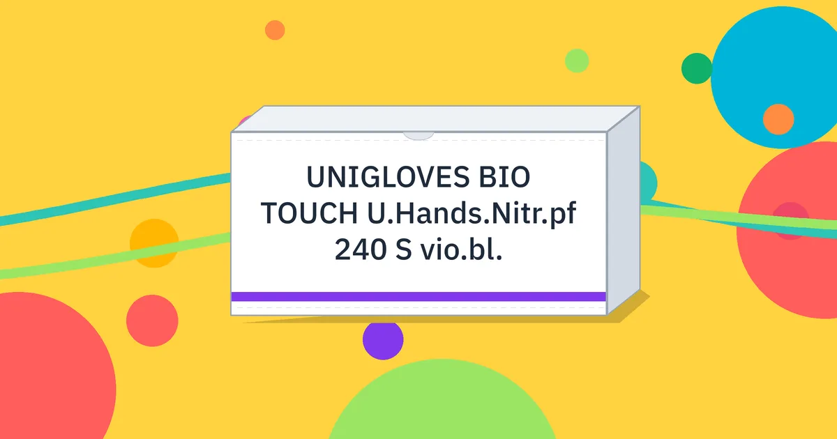 Symbolbild: Packung mit der Aufschrift UNIGLOVES BIO TOUCH U.Hands.Nitr.pf 240 S vio.bl. (PZN 19638490) – Verfügbarkeit und Bezug in Apotheken in Frankfurt am Main