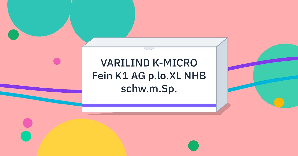 Symbolbild: Packung mit der Aufschrift VARILIND K-MICRO Fein K1 AG p.lo.XL NHB schw.m.Sp. (PZN 20555289) – Verfügbarkeit und Bezug in Apotheken in Frankfurt am Main