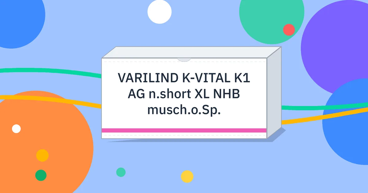 Symbolbild: Packung mit der Aufschrift VARILIND K-VITAL K1 AG n.short XL NHB musch.o.Sp. (PZN 20564035) – Verfügbarkeit und Bezug in Apotheken in Frankfurt am Main