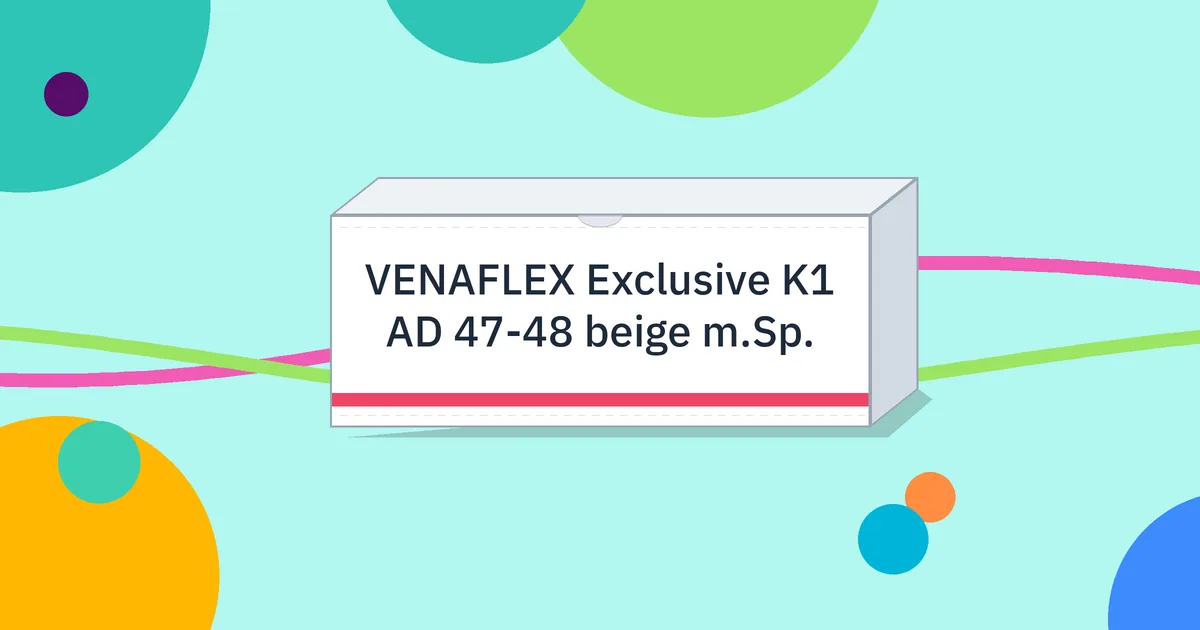 Symbolbild: Packung mit der Aufschrift VENAFLEX Exclusive K1 AD 47-48 beige m.Sp. (PZN 18309258) – Verfügbarkeit und Bezug in Apotheken in Frankfurt am Main