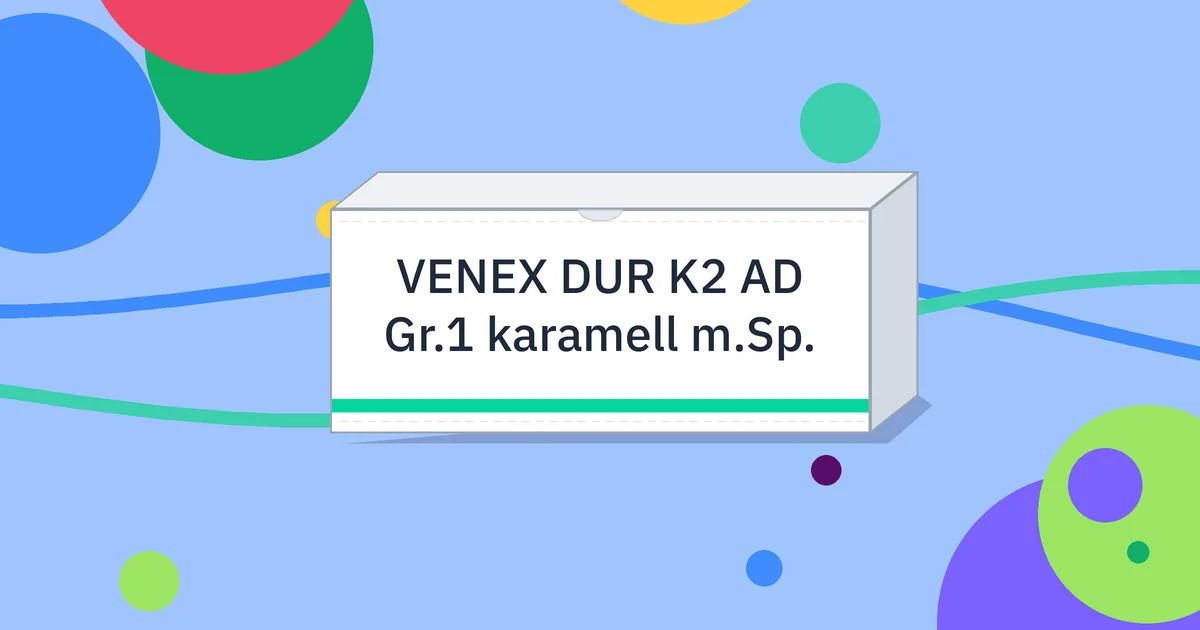 Symbolbild: Packung mit der Aufschrift VENEX DUR K2 AD Gr.1 karamell m.Sp. (PZN 13757348) – Verfügbarkeit und Bezug in Apotheken in Frankfurt am Main