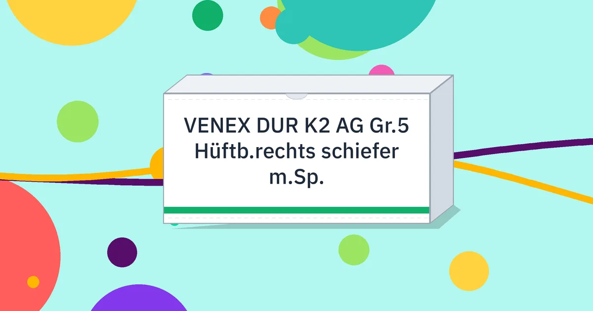 Symbolbild: Packung mit der Aufschrift VENEX DUR K2 AG Gr.5 Hüftb.rechts schiefer m.Sp. (PZN 03229097) – Verfügbarkeit und Bezug in Apotheken in Frankfurt am Main