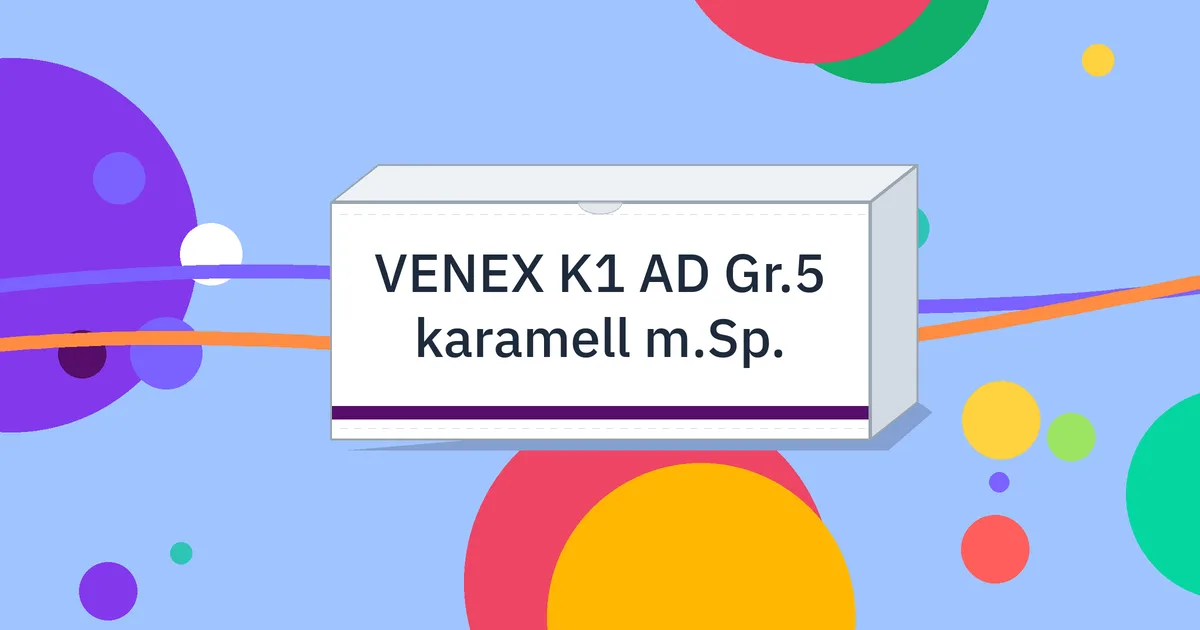 Symbolbild: Packung mit der Aufschrift VENEX K1 AD Gr.5 karamell m.Sp. (PZN 13757207) – Verfügbarkeit und Bezug in Apotheken in Frankfurt am Main