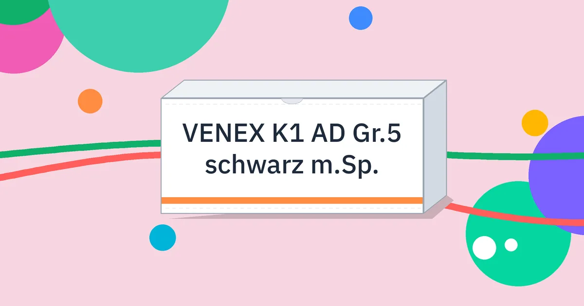 Symbolbild: Packung mit der Aufschrift VENEX K1 AD Gr.5 schwarz m.Sp. (PZN 03184319) – Verfügbarkeit und Bezug in Apotheken in Frankfurt am Main