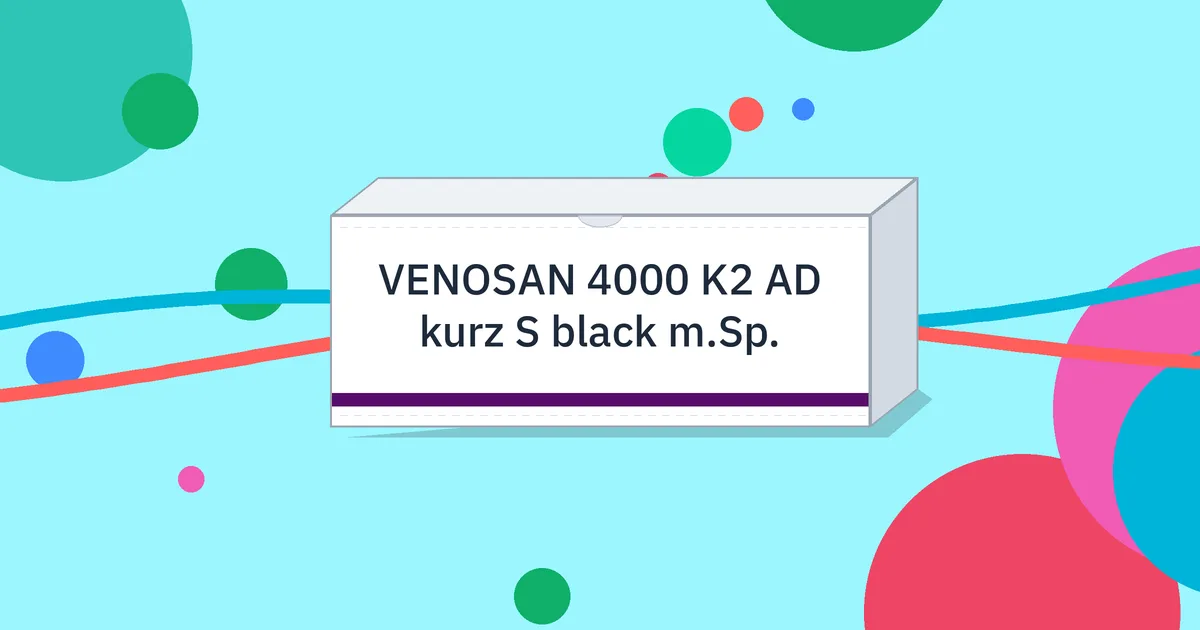 Symbolbild: Packung mit der Aufschrift VENOSAN 4000 K2 AD kurz S black m.Sp. (PZN 14427274) – Verfügbarkeit und Bezug in Apotheken in Frankfurt am Main