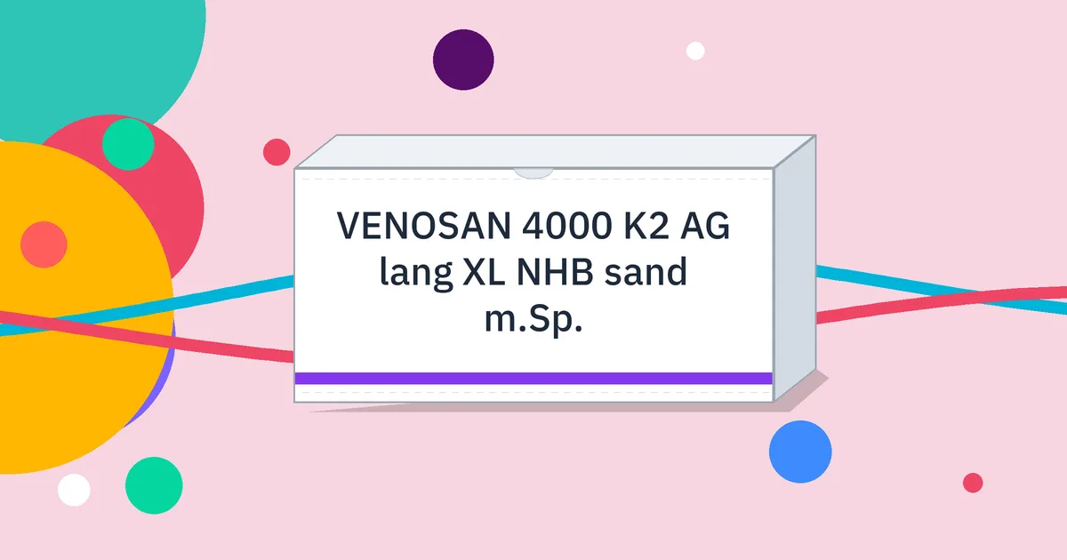 Symbolbild: Packung mit der Aufschrift VENOSAN 4000 K2 AG lang XL NHB sand m.Sp. (PZN 14422756) – Verfügbarkeit und Bezug in Apotheken in Frankfurt am Main