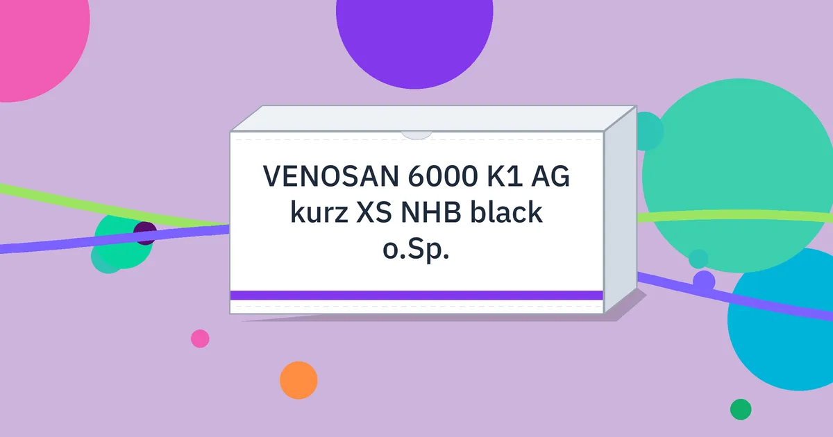 Symbolbild: Packung mit der Aufschrift VENOSAN 6000 K1 AG kurz XS NHB black o.Sp. (PZN 17171711) – Verfügbarkeit und Bezug in Apotheken in Frankfurt am Main
