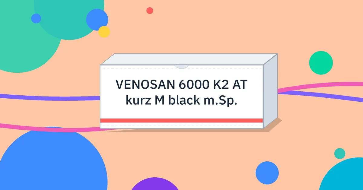 Symbolbild: Packung mit der Aufschrift VENOSAN 6000 K2 AT kurz M black m.Sp. (PZN 17173319) – Verfügbarkeit und Bezug in Apotheken in Frankfurt am Main