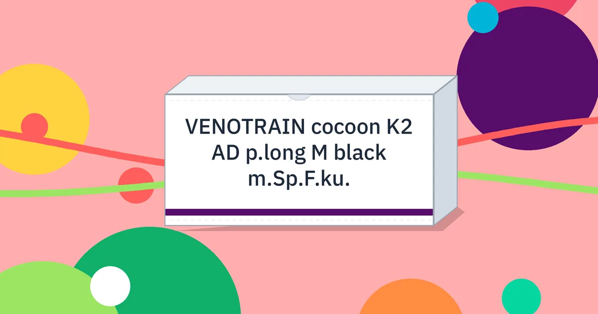 Symbolbild: Packung mit der Aufschrift VENOTRAIN cocoon K2 AD p.long M black m.Sp.F.ku. (PZN 14401814) – Verfügbarkeit und Bezug in Apotheken in Frankfurt am Main