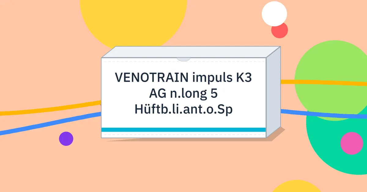 Symbolbild: Packung mit der Aufschrift VENOTRAIN impuls K3 AG n.long 5 Hüftb.li.ant.o.Sp (PZN 15220888) – Verfügbarkeit und Bezug in Apotheken in Frankfurt am Main