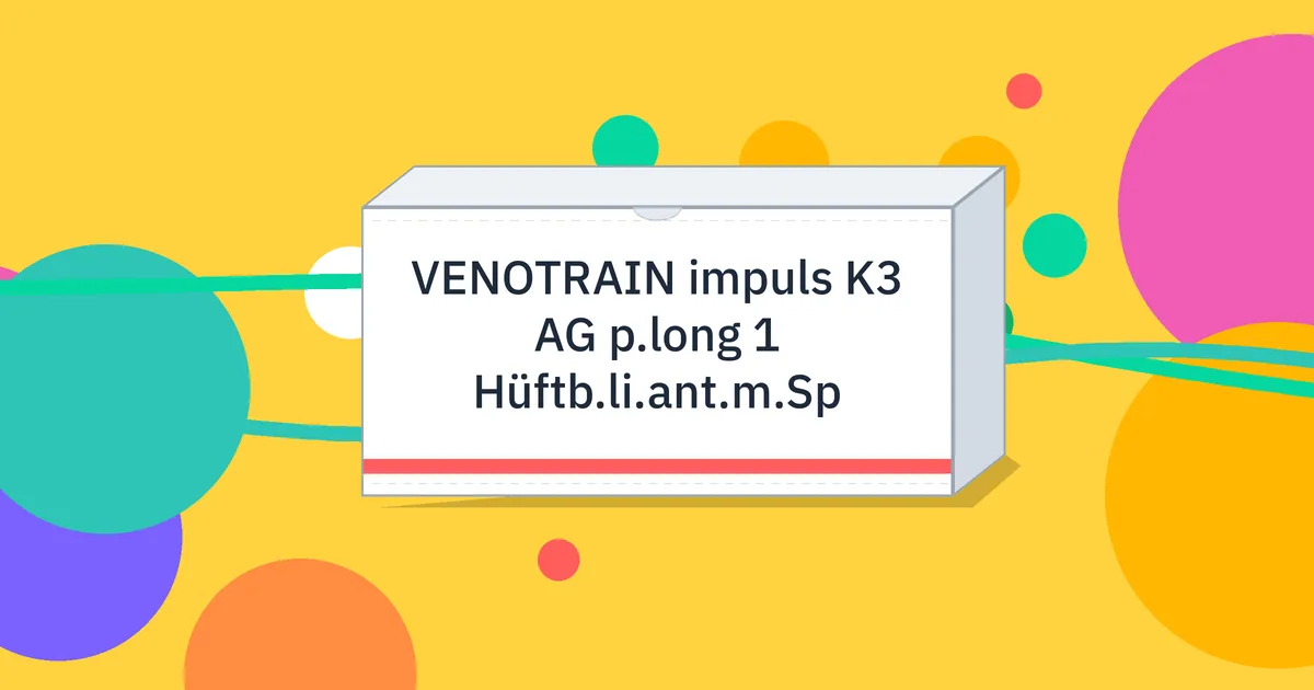 Symbolbild: Packung mit der Aufschrift VENOTRAIN impuls K3 AG p.long 1 Hüftb.li.ant.m.Sp (PZN 15220687) – Verfügbarkeit und Bezug in Apotheken in Frankfurt am Main