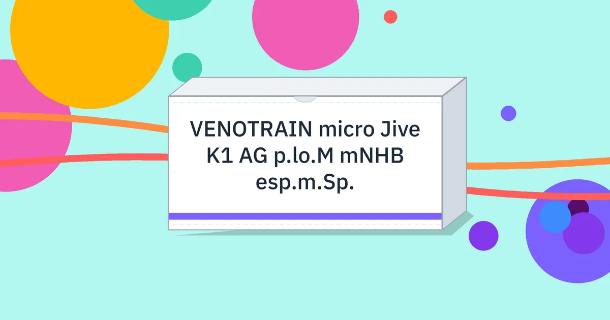 Symbolbild: Packung mit der Aufschrift VENOTRAIN micro Jive K1 AG p.lo.M mNHB esp.m.Sp. (PZN 17760347) – Verfügbarkeit und Bezug in Apotheken in Frankfurt am Main
