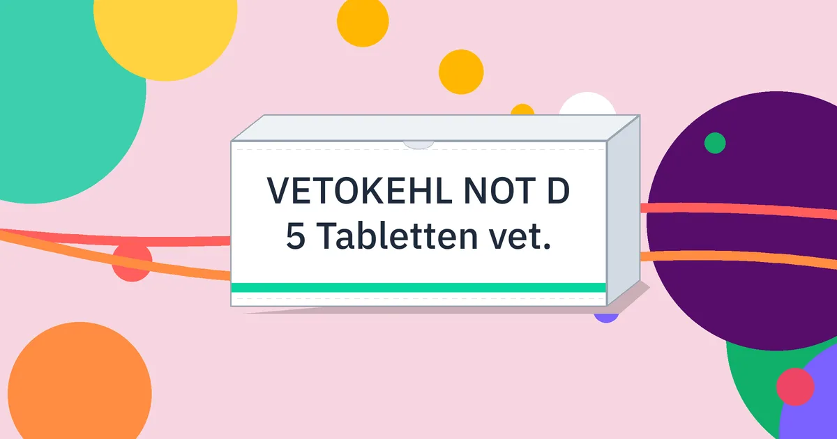 Symbolbild: Packung mit der Aufschrift VETOKEHL NOT D 5 Tabletten vet. (PZN 04599672) – Verfügbarkeit und Bezug in Apotheken in Frankfurt am Main
